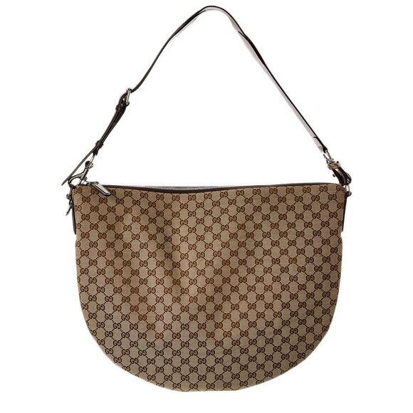 Gucci | Bags | Gucci B Large Gg Canvas Leather Shoulder Bag Brown ...